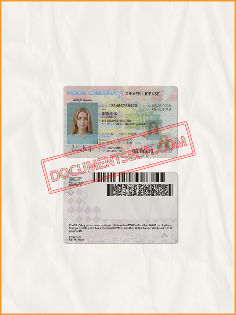 North Carolina Driver License PSD Template - Documents Edit