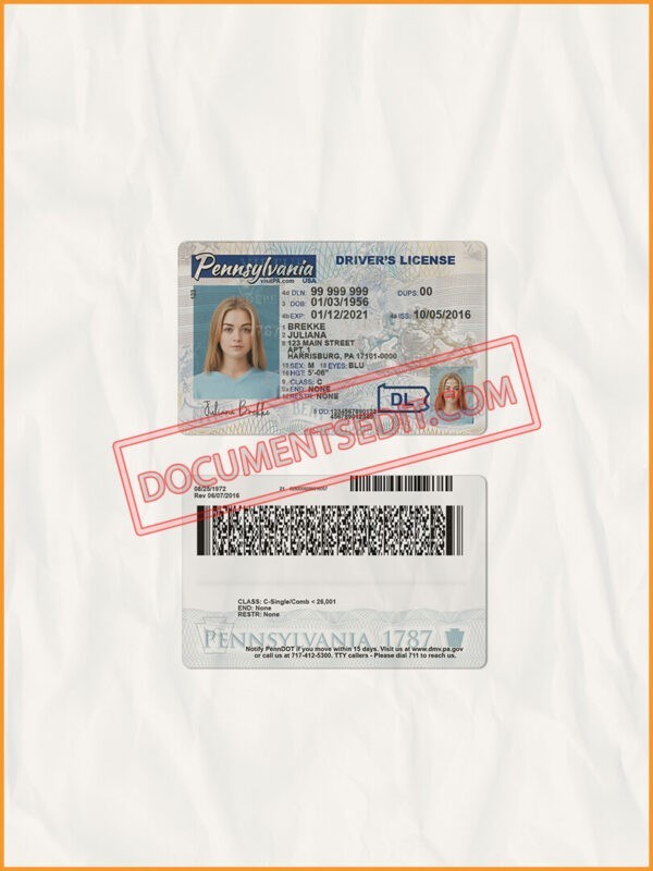 Pennsylvania Driver License PSD Template - Documents Edit