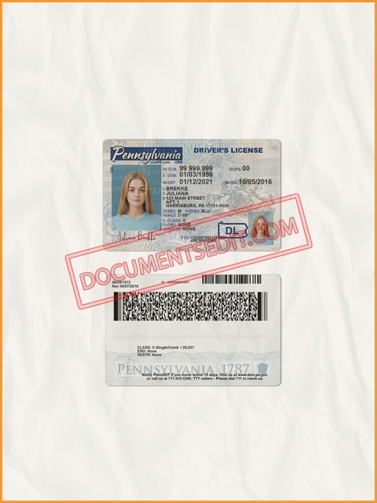 Pennsylvania Driver License PSD Template - Documents Edit