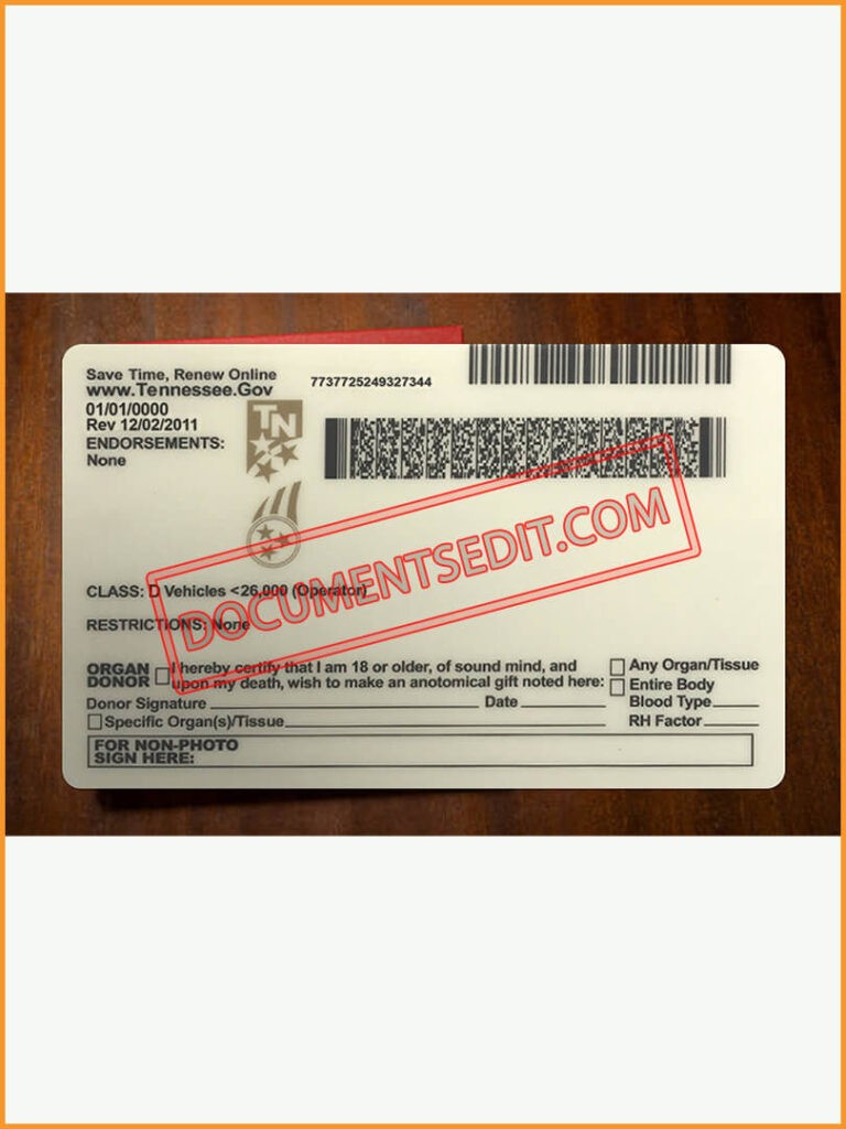 Tennessee Driver License PSD Template - Documents Edit
