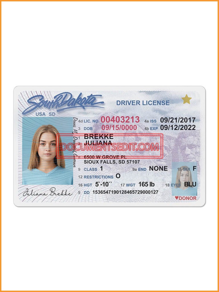 South Dakota Driver License PSD Template - Documents Edit