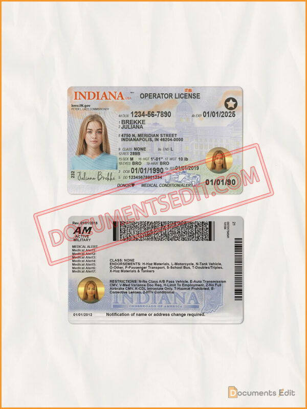 Indiana Driver License PSD Template (V2) - Documents Edit