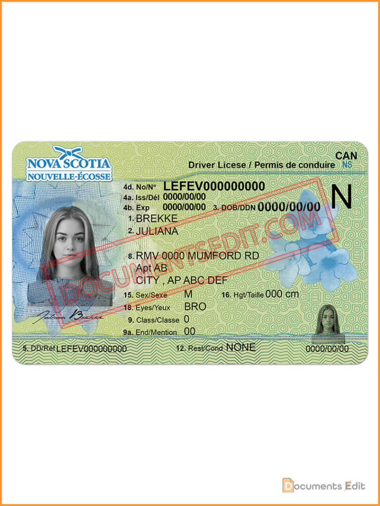 Nova Scotia Drivers License PSD Template (V2) - Documents Edit