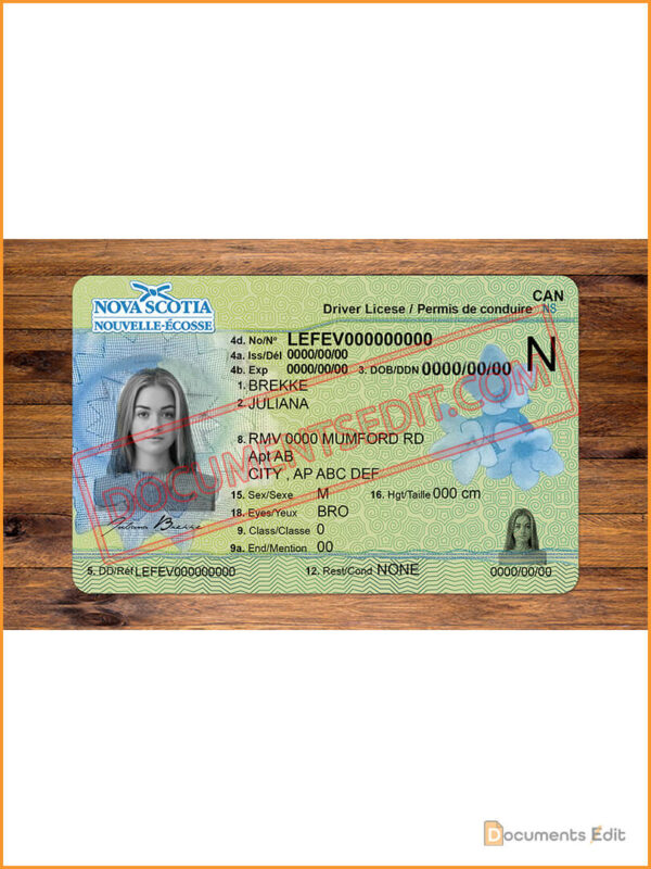 Nova Scotia Drivers License PSD Template (V2) - Documents Edit