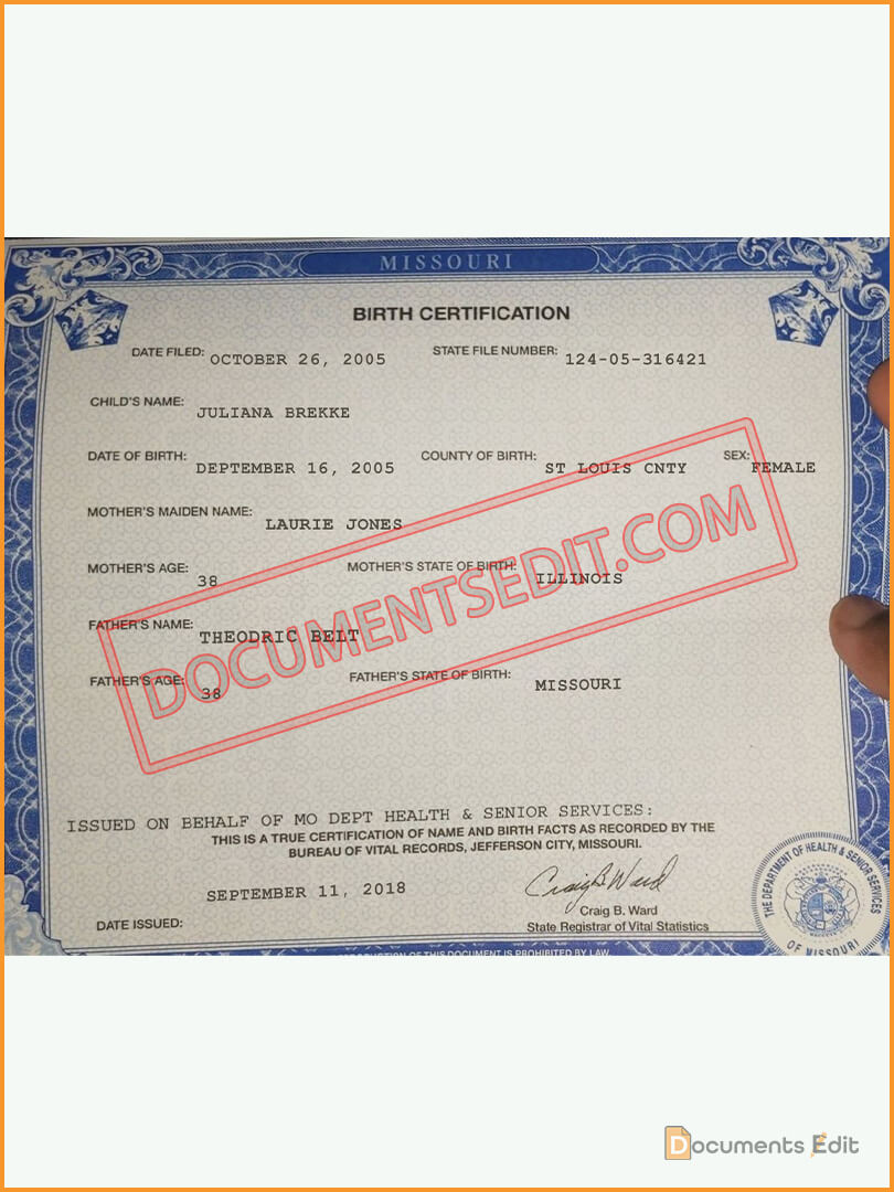 Missouri Birth Certificate Template Documents Edit